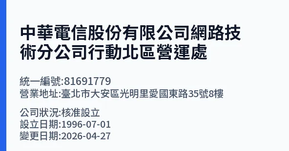 中華電信股份有限公司網路技術分公司行動北區營運處的照片-統編 81691779(臺北市) 公司登記資料與營業項目詳細圖表