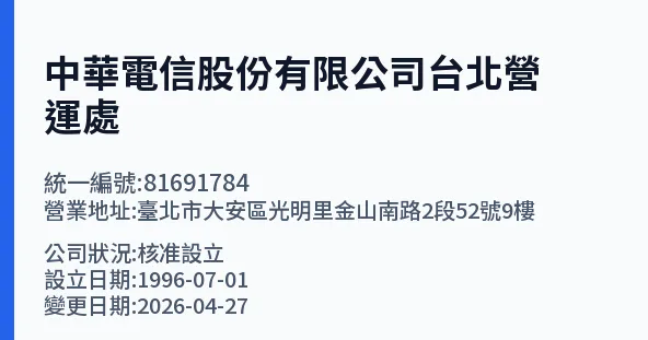 中華電信股份有限公司台北營運處的照片-統編 81691784(臺北市) 公司登記資料與營業項目詳細圖表