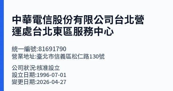 中華電信股份有限公司台北營運處台北東區服務中心的照片-統編 81691790(臺北市) 公司登記資料與營業項目詳細圖表