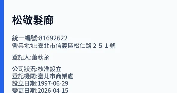 松敬髮廊的照片-統編 81692622(臺北市) 公司登記資料與營業項目詳細圖表
