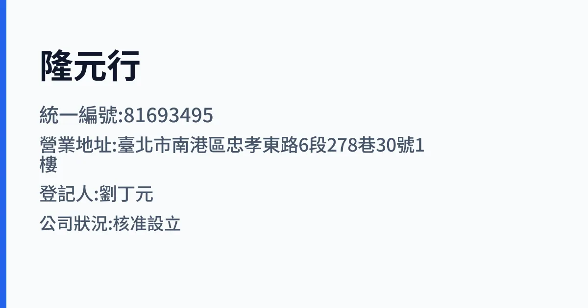 隆元行 - 統編 81693495(臺北市) 公司登記資料與營業項目詳細圖表