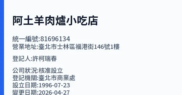 阿土羊肉爐小吃店的照片-統編 81696134(臺北市) 公司登記資料與營業項目詳細圖表