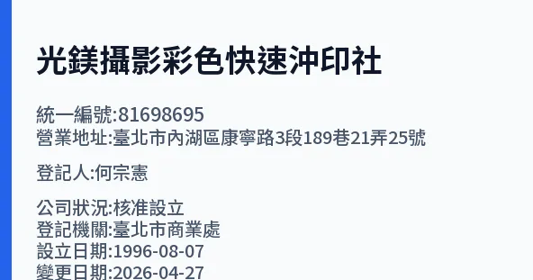 光鎂攝影彩色快速沖印社的照片-統編 81698695(臺北市) 公司登記資料與營業項目詳細圖表