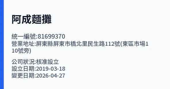阿成麵攤的照片-統編 81699370(屏東縣) 公司登記資料與營業項目詳細圖表