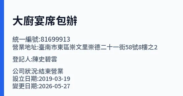 大廚宴席包辦的照片-統編 81699913(臺南市) 公司登記資料與營業項目詳細圖表