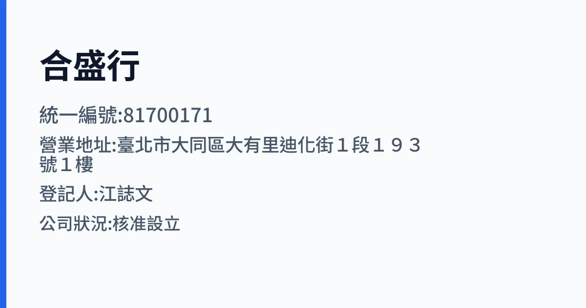 合盛行 - 統編 81700171(臺北市) 公司登記資料與營業項目詳細圖表