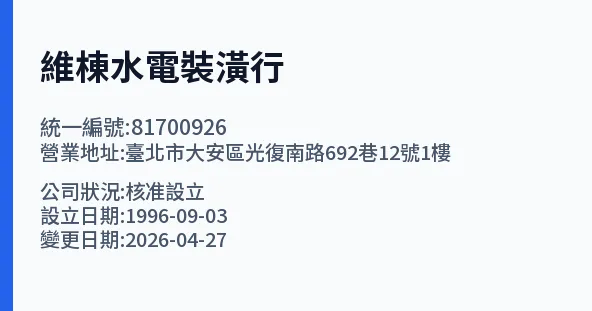維棟水電裝潢行的照片-統編 81700926(臺北市) 公司登記資料與營業項目詳細圖表
