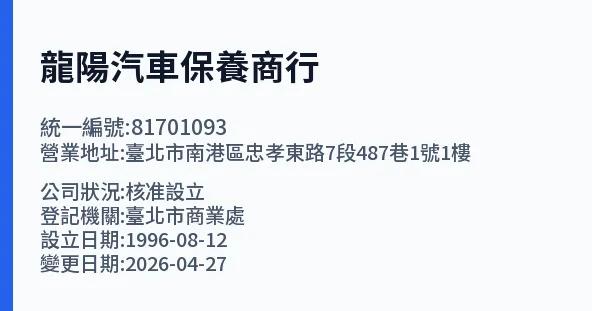 龍陽汽車保養商行的照片-統編 81701093(臺北市) 公司登記資料與營業項目詳細圖表