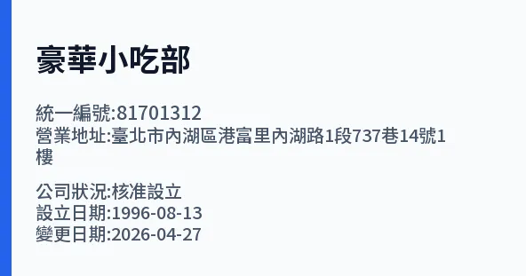豪華小吃部的照片-統編 81701312(臺北市) 公司登記資料與營業項目詳細圖表