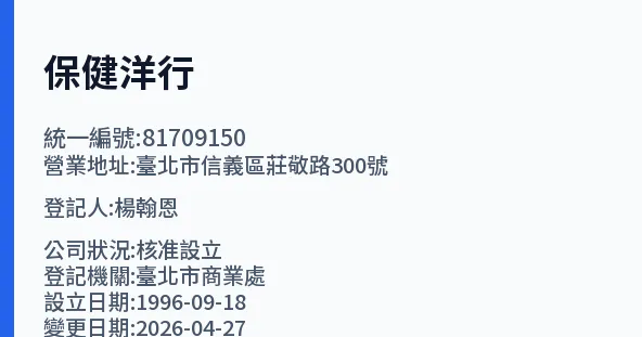 保健洋行的照片-統編 81709150(臺北市) 公司登記資料與營業項目詳細圖表