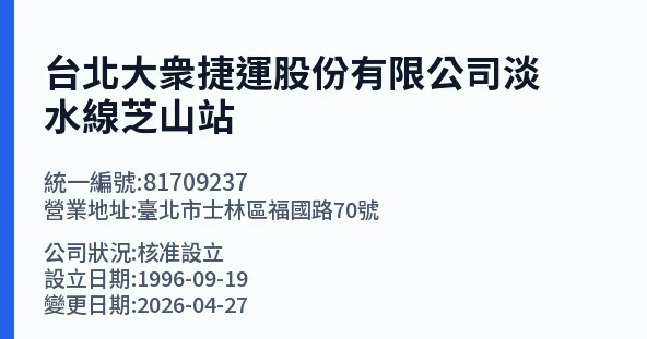 台北大衆捷運股份有限公司淡水線芝山站的照片-統編 81709237(臺北市) 公司登記資料與營業項目詳細圖表