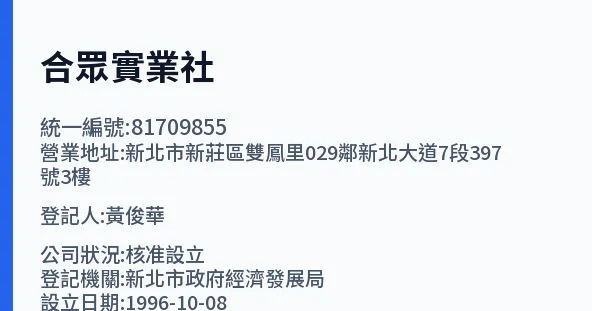 合眾實業社的照片-統編 81709855(新北市) 公司登記資料與營業項目詳細圖表