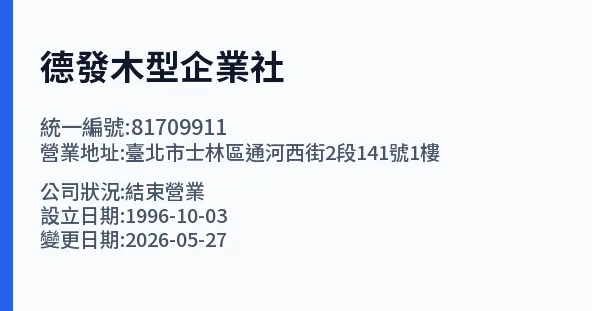 德發木型企業社的照片-統編 81709911(臺北市) 公司登記資料與營業項目詳細圖表