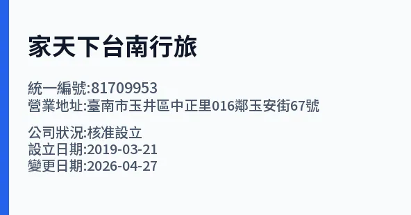 家天下台南行旅的照片-統編 81709953(臺南市) 公司登記資料與營業項目詳細圖表