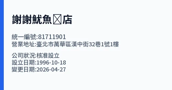 謝謝魷魚焿店的照片-統編 81711901(臺北市) 公司登記資料與營業項目詳細圖表