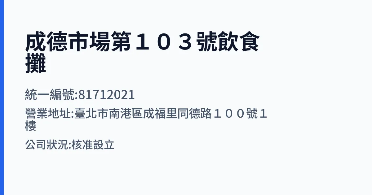 成德市場第103號飲食攤 - 統編 81712021(臺北市) 公司登記資料與營業項目詳細圖表