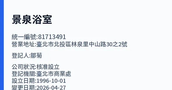 景泉浴室的照片-統編 81713491(臺北市) 公司登記資料與營業項目詳細圖表