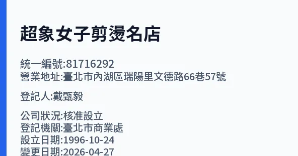 超象女子剪燙名店的照片-統編 81716292(臺北市) 公司登記資料與營業項目詳細圖表