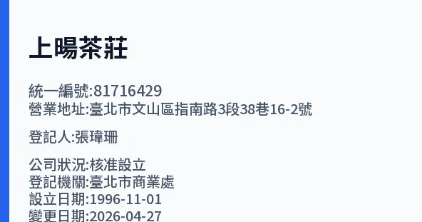 上暘茶莊的照片-統編 81716429(臺北市) 公司登記資料與營業項目詳細圖表