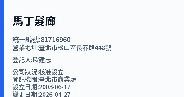 馬丁髮廊的照片-統編 81716960(臺北市) 公司登記資料與營業項目詳細圖表