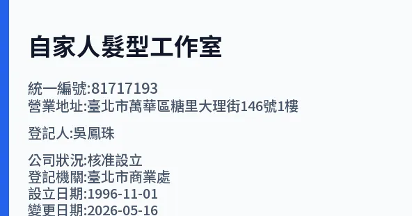 自家人髮型工作室的照片-統編 81717193(臺北市) 公司登記資料與營業項目詳細圖表