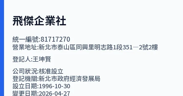 飛傑企業社的照片-統編 81717270(新北市) 公司登記資料與營業項目詳細圖表