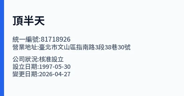 頂半天的照片-統編 81718926(臺北市) 公司登記資料與營業項目詳細圖表