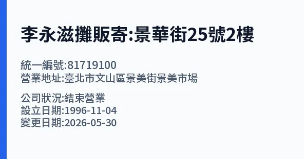 李永滋攤販寄:景華街25號2樓的照片-統編 81719100(臺北市) 公司登記資料與營業項目詳細圖表