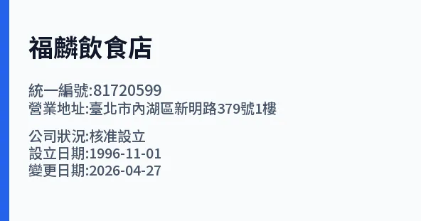 福麟飲食店的照片-統編 81720599(臺北市) 公司登記資料與營業項目詳細圖表