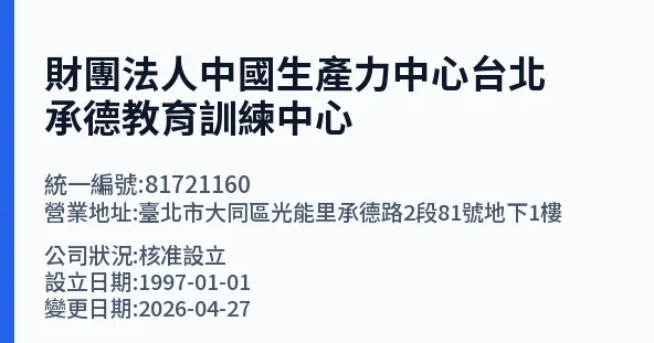 財團法人中國生產力中心台北承德教育訓練中心的照片-統編 81721160(臺北市) 公司登記資料與營業項目詳細圖表