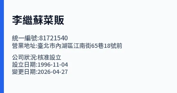 李繼蘇菜販的照片-統編 81721540(臺北市) 公司登記資料與營業項目詳細圖表