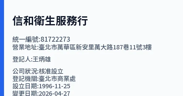 信和衛生服務行的照片-統編 81722273(臺北市) 公司登記資料與營業項目詳細圖表