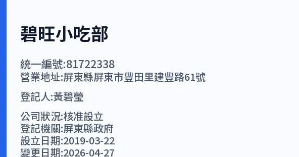 碧旺小吃部的照片-統編 81722338(屏東縣) 公司登記資料與營業項目詳細圖表
