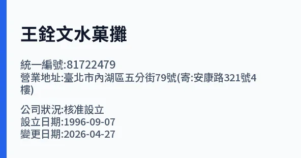 王銓文水菓攤的照片-統編 81722479(臺北市) 公司登記資料與營業項目詳細圖表