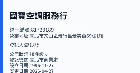 國寶空調服務行的照片-統編 81723189(臺北市) 公司登記資料與營業項目詳細圖表