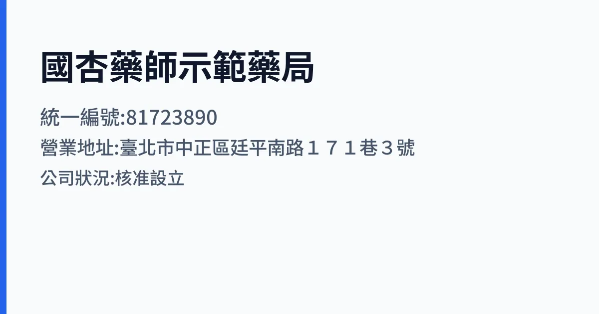 國杏藥師示範藥局 - 統編 81723890(臺北市) 公司登記資料與營業項目詳細圖表