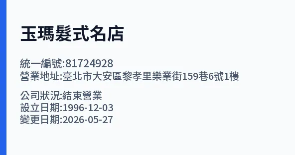 玉瑪髮式名店的照片-統編 81724928(臺北市) 公司登記資料與營業項目詳細圖表