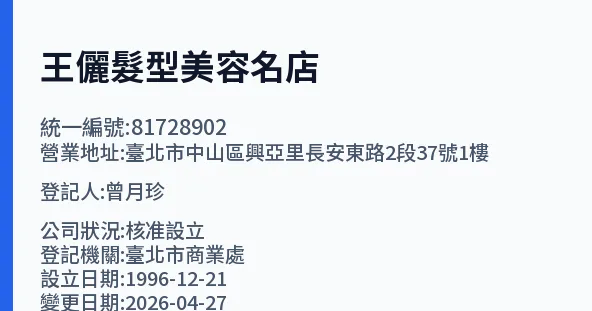 王儷髮型美容名店的照片-統編 81728902(臺北市) 公司登記資料與營業項目詳細圖表