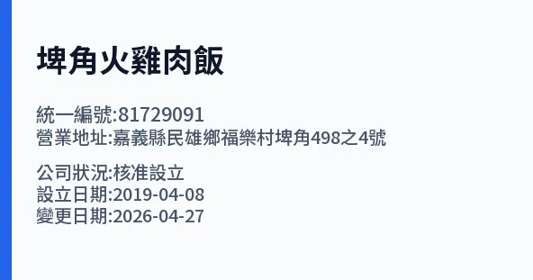 埤角火雞肉飯的照片-統編 81729091(嘉義縣) 公司登記資料與營業項目詳細圖表