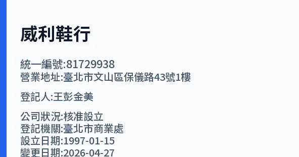 威利鞋行的照片-統編 81729938(臺北市) 公司登記資料與營業項目詳細圖表