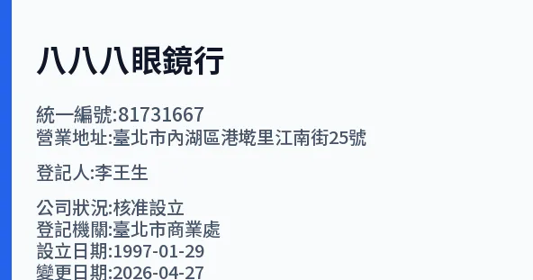 八八八眼鏡行的照片-統編 81731667(臺北市) 公司登記資料與營業項目詳細圖表