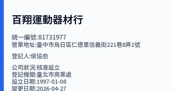 百翔運動器材行的照片-統編 81731977(臺中市) 公司登記資料與營業項目詳細圖表