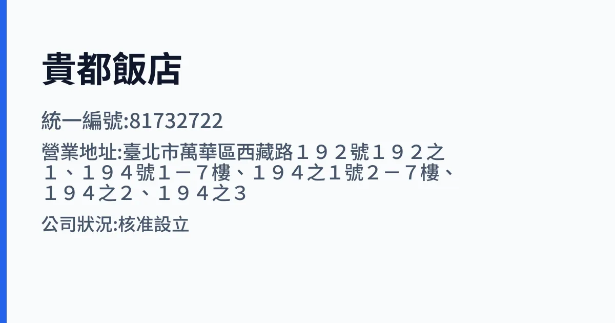 貴都飯店 - 統編 81732722(臺北市) 公司登記資料與營業項目詳細圖表