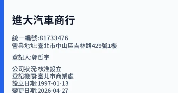 進大汽車商行的照片-統編 81733476(臺北市) 公司登記資料與營業項目詳細圖表