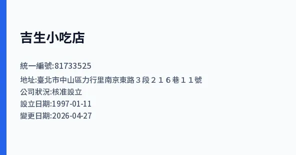 吉生小吃店的照片-統編 81733525(臺北市) 公司登記資料與營業項目詳細圖表