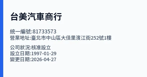 台美汽車商行的照片-統編 81733573(臺北市) 公司登記資料與營業項目詳細圖表