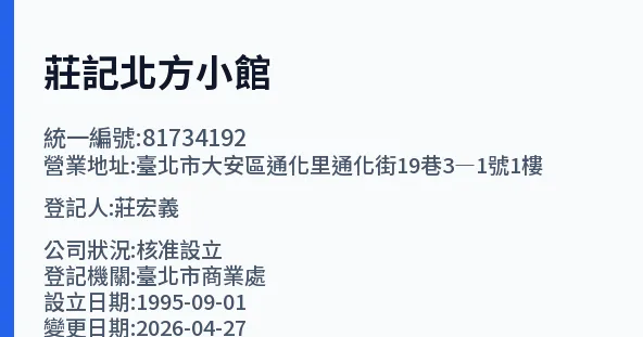 莊記北方小館的照片-統編 81734192(臺北市) 公司登記資料與營業項目詳細圖表