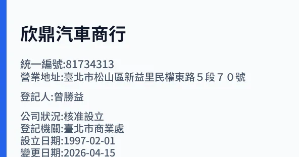 欣鼎汽車商行的照片-統編 81734313(臺北市) 公司登記資料與營業項目詳細圖表