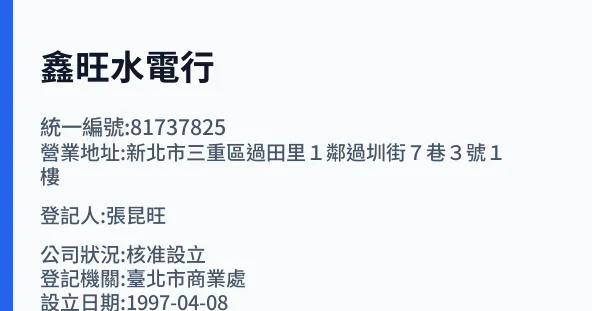 鑫旺水電行的照片-統編 81737825(新北市) 公司登記資料與營業項目詳細圖表