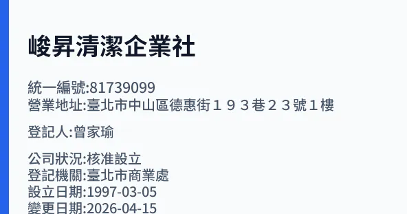 峻昇清潔企業社的照片-統編 81739099(臺北市) 公司登記資料與營業項目詳細圖表